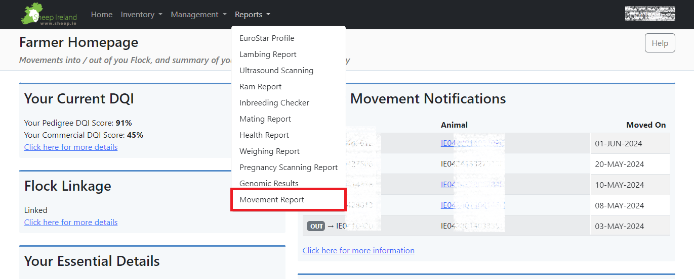 Features of the Movement Report - Sheep Ireland